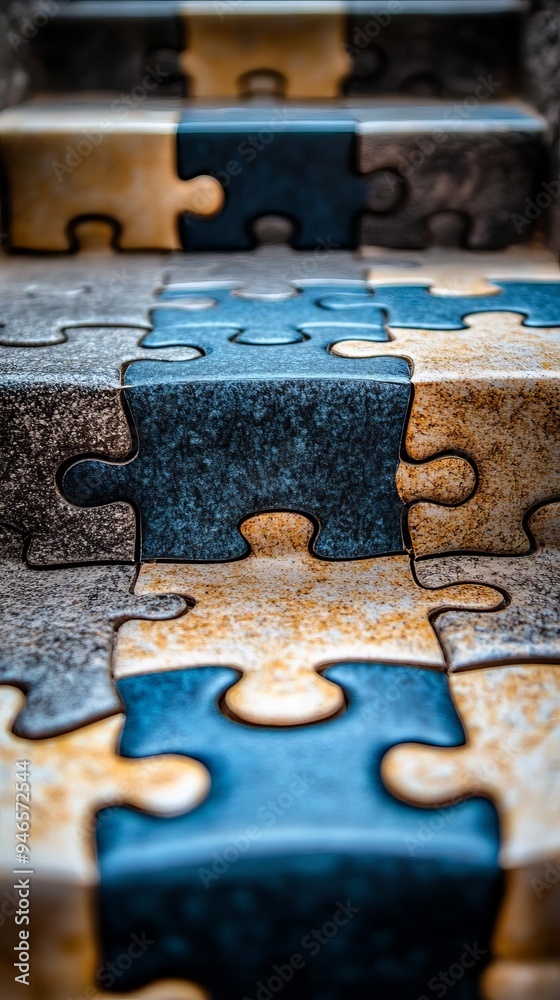 Closeup of a staircase made of puzzle pieces, each step representing a ...
