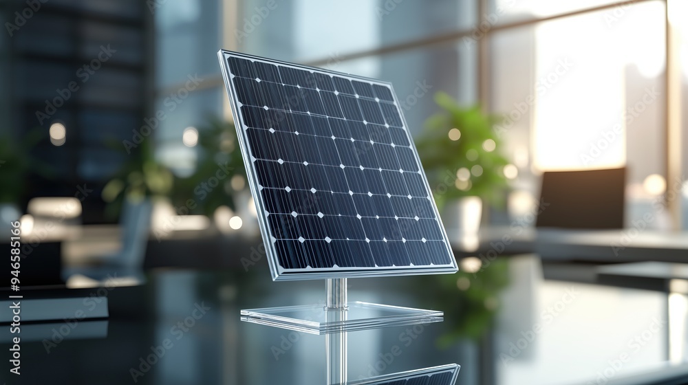 Solar panel on a desk in a modern office, representing renewable energy ...