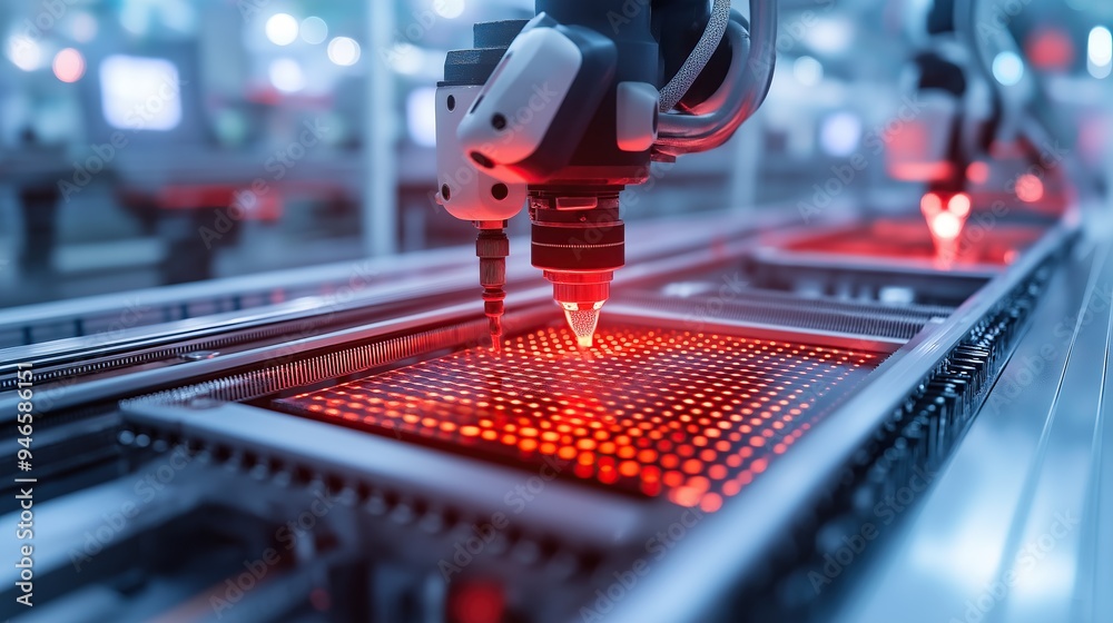 Robotic arms assembling semiconductor components, automated ...