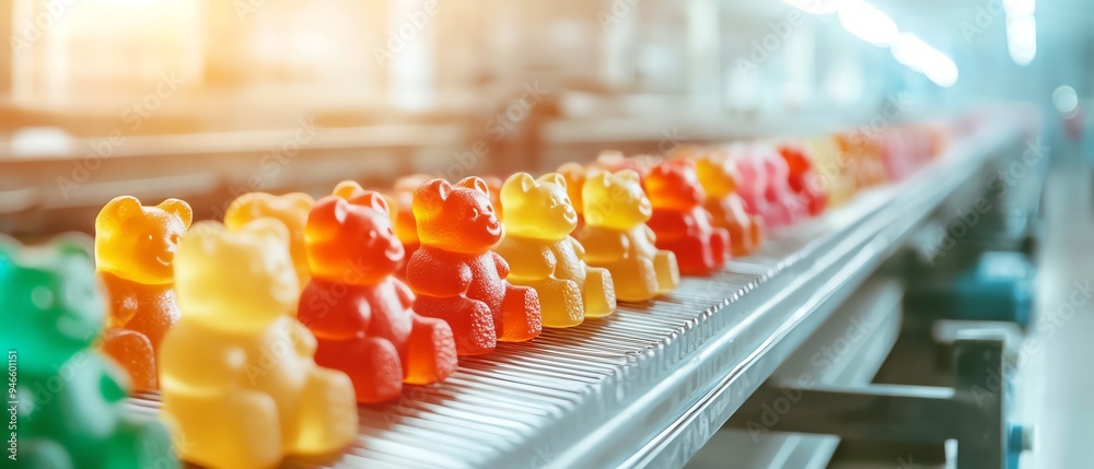 Conveyor belt filled with rows of colorful gummy bears in a candy ...