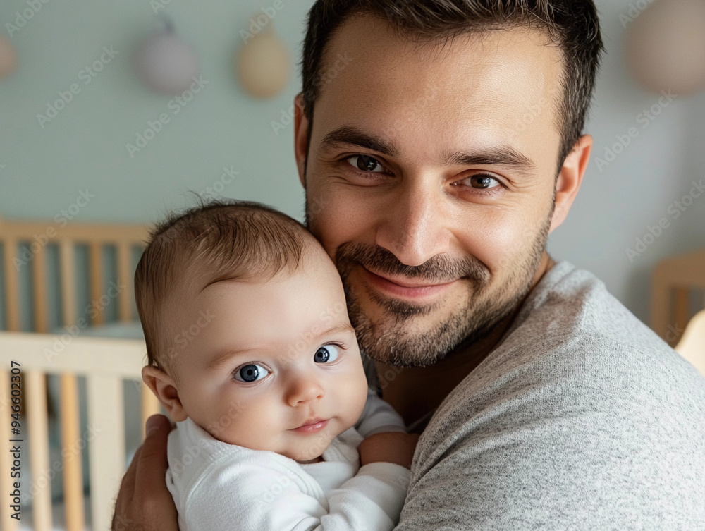 single father with a gentle smile, holding his newly adopted baby in a ...