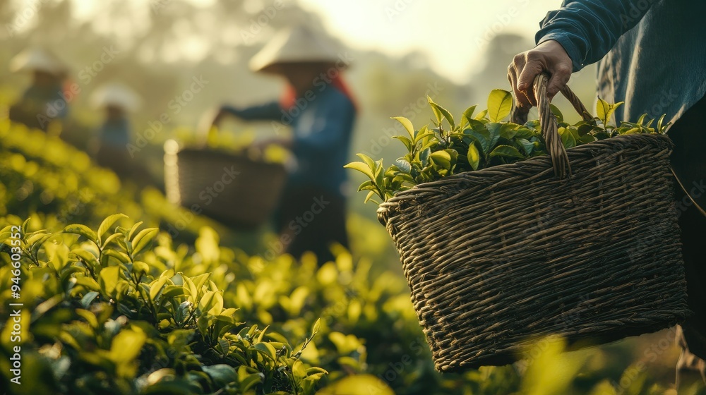 Workers with baskets in a tea plantation, capturing the daily life and ...