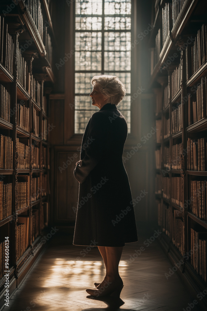 Distinguished Senior Professor Woman Elegantly Dressed in Sunlit Old ...