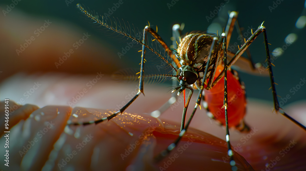 A mosquito extends its proboscis as it feeds on human skin, capturing ...