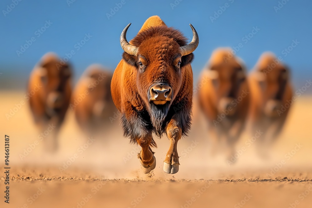 Bison herds moving together across the landscape, captured in a dynamic ...