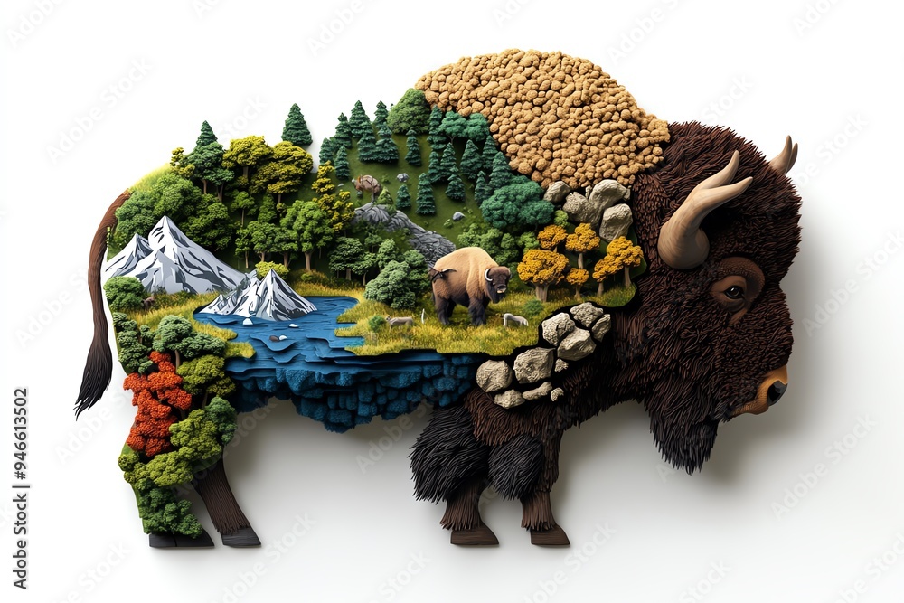 Bison as part of a larger ecosystem, illustrated with other wildlife ...
