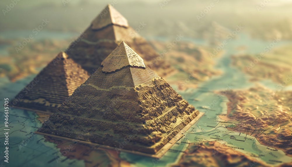 Image of the Egyptian pyramids in 3D projection on the contour map of ...