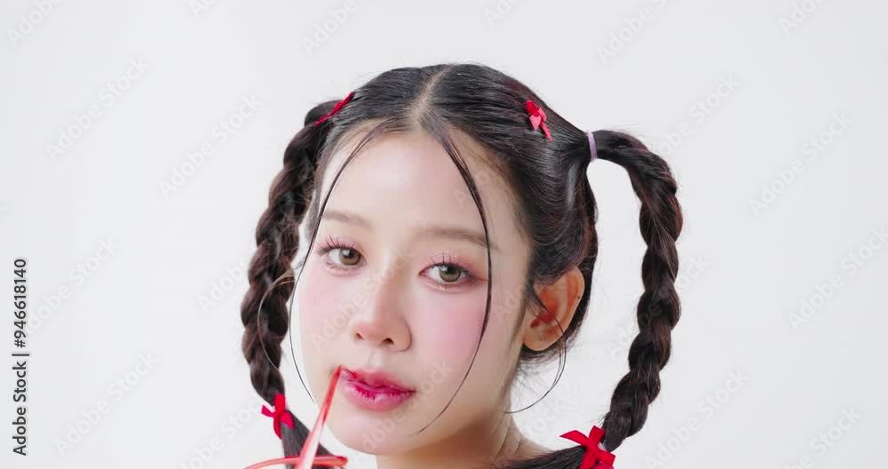 Portrait fashion of young Asian beauty woman model pigtail hairstyle ...