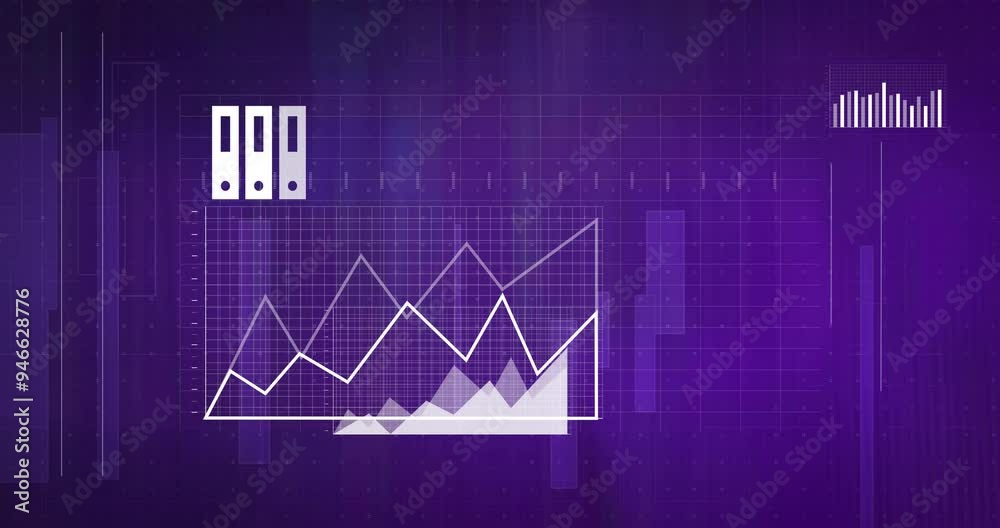 Graph and pie chart animation over purple background with bar chart and ...