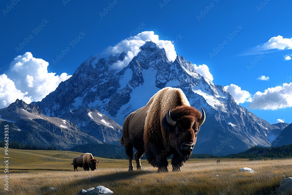 Bison in their natural environment, depicted in an artwork that blends ...