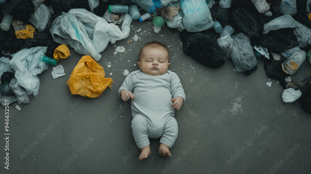 Abandoned baby lying in a pile of trash on dirty concrete, surrounded ...