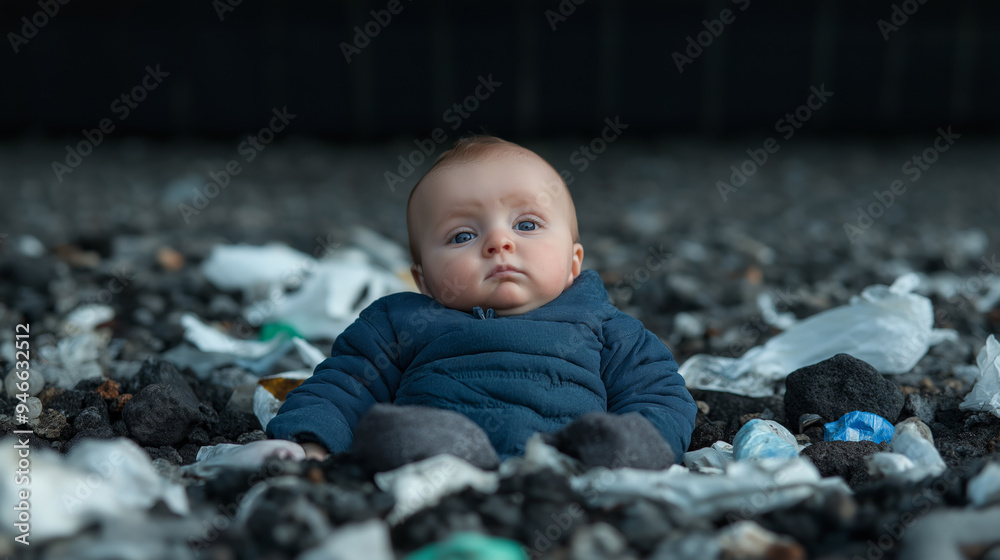 Abandoned baby lying in a pile of trash on dirty concrete, surrounded ...