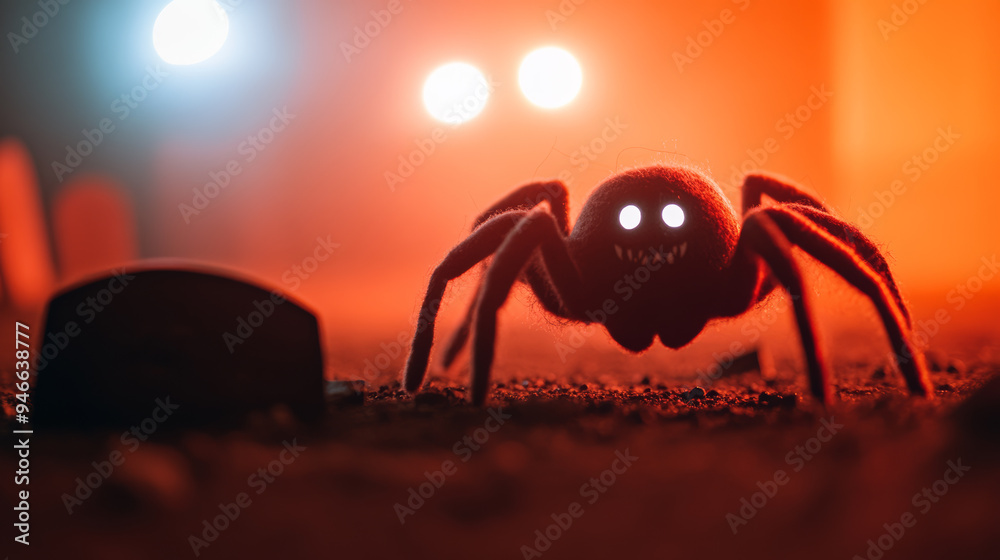 Entrance to a spooky Halloween shop with oversized, menacing spider ...