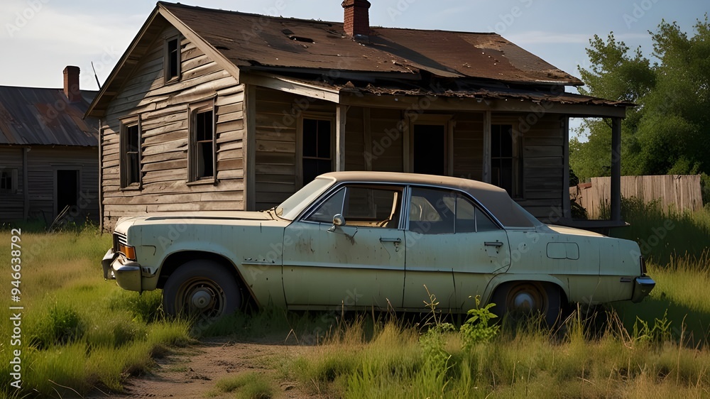 Neglected Car Covered in Dust Beside an Old, Decaying House in a ...