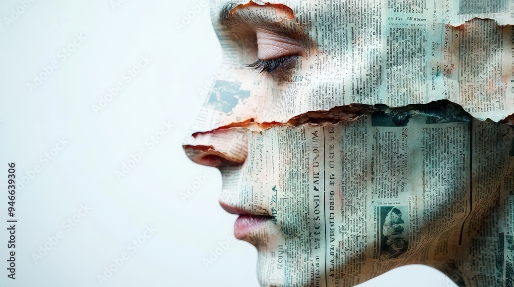 Double Exposure of Human Face and Old Newspaper Pages, Haunting ...