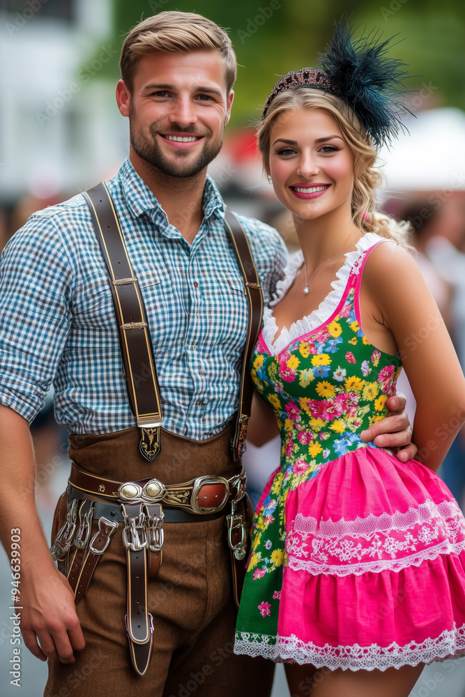 Full-body portrait of a man and woman in traditional Bavarian ...