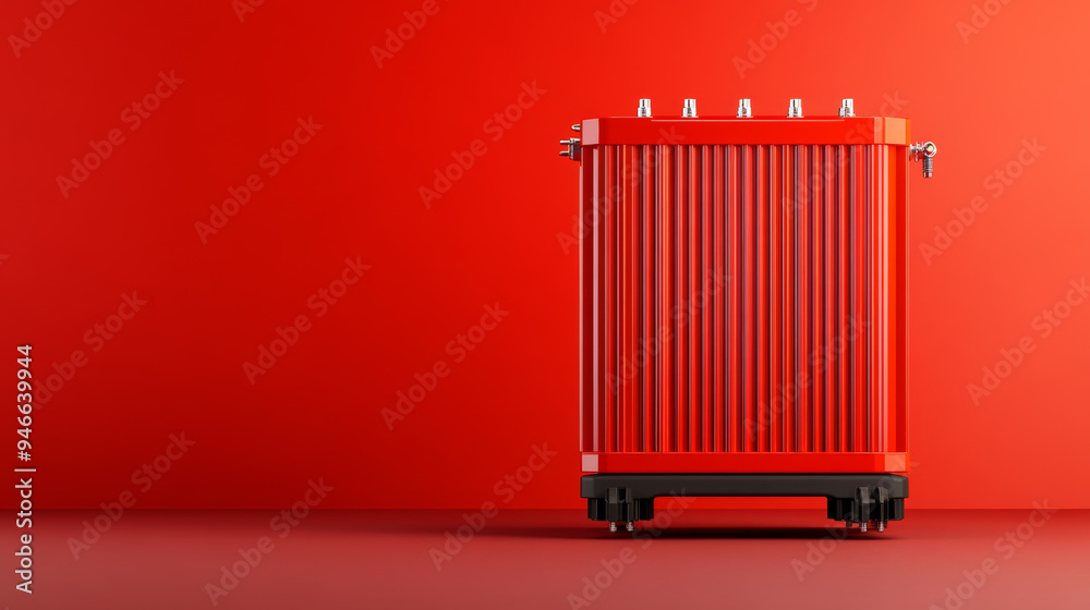 Glossy electric transformer with cooling fins placed on a gradient ...