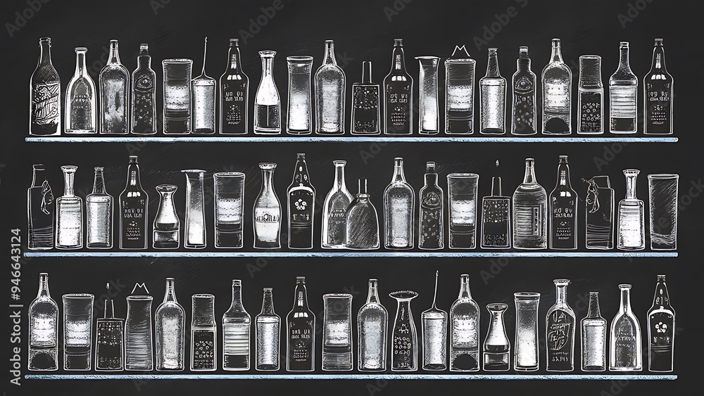 Bottles of alcohol beverages in a bar on a shelf drawn in chalk on ...