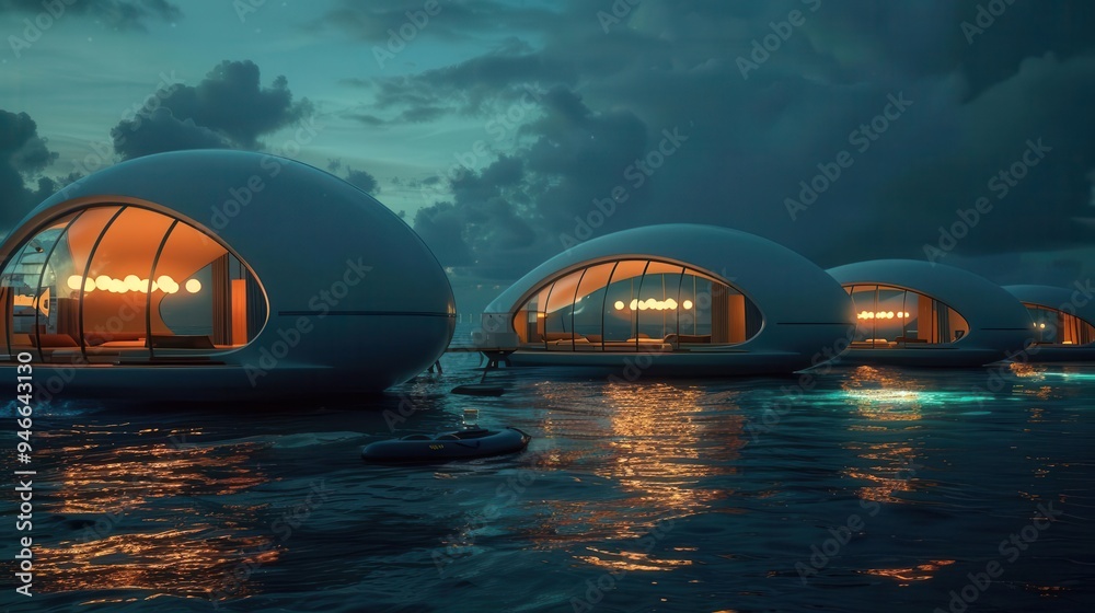 modular floating ecoresort bioluminescent ocean futuristic sustainable ...