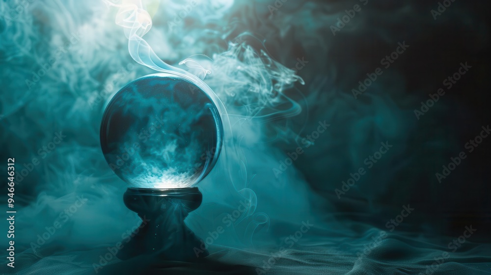 mysterious crystal ball emanating wisps of ethereal smoke set against a ...