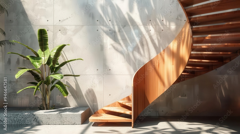 modern loft interior featuring elegant wooden spiral staircase with sleek granite base sunlit ...