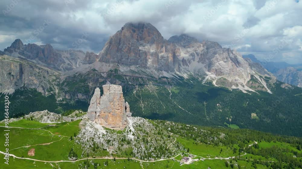 An aerial view of the incredible Cinque Torri mountains in the ...