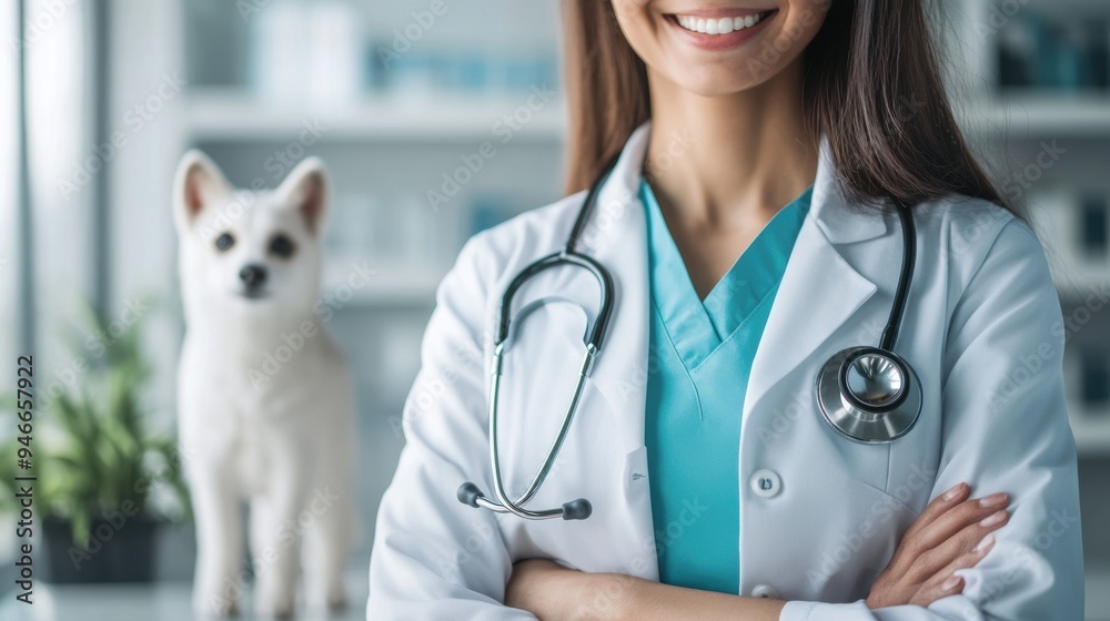 banner design featuring veterinary badge with stethoscope and paw print ...