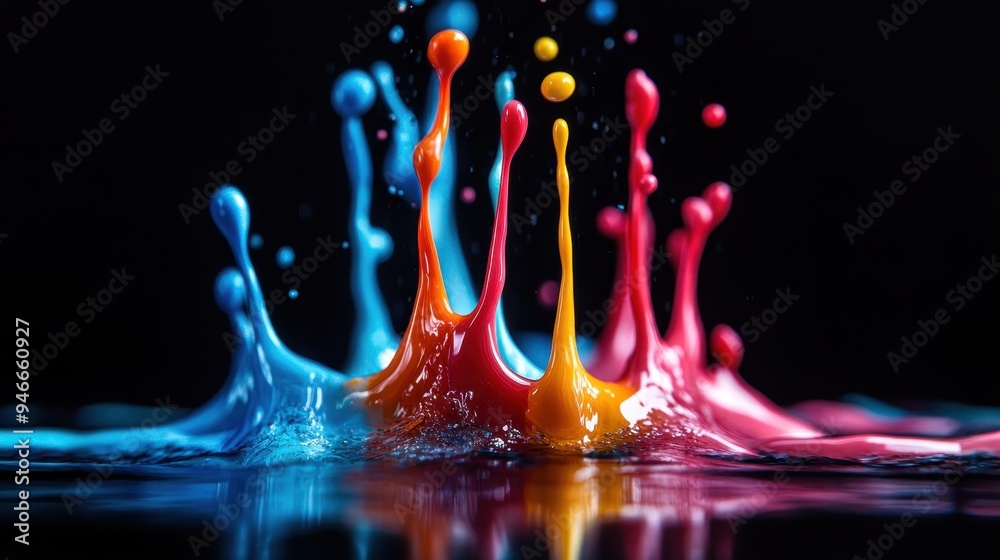 Vivid paint splashes are captured in mid-air, showcasing a mix of ...