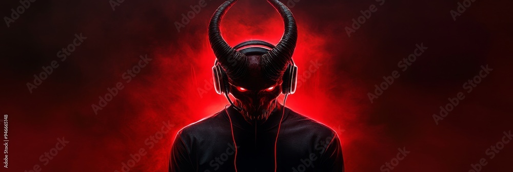 A digital illustration of a devil with headphones. The devil is ...