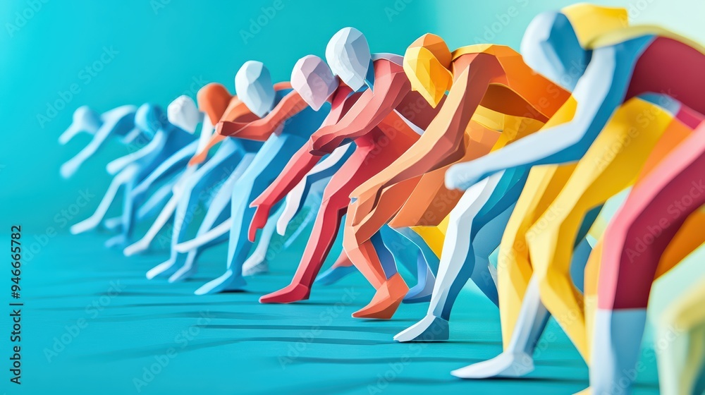 Colorful paper models of diverse figures illustrate movement and ...