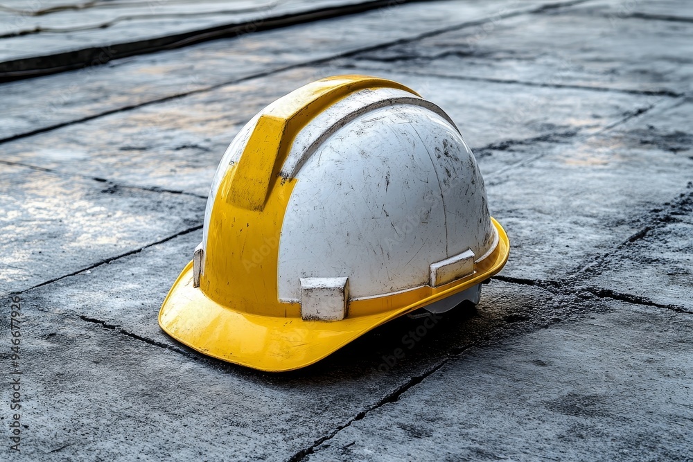 A white and yellow hard hat safety helmet sits on a concrete surface ...