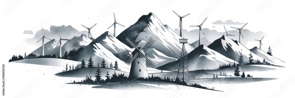 Monochrome watercolor landscape featuring windmills and wind turbines ...
