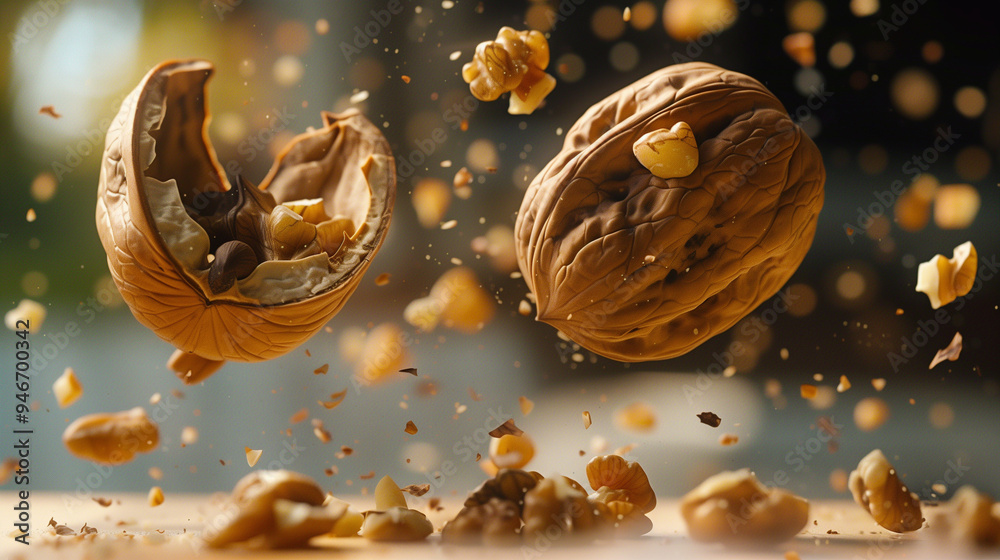 Super realistic photo of a walnut split into two halves, with pieces of ...