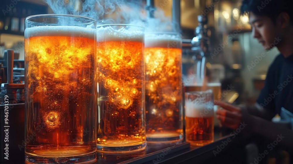 enchanted beer garden with bioluminescent hops and glowing fermentation ...