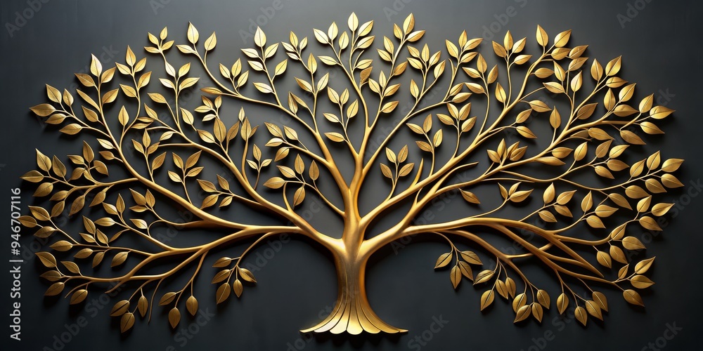 Golden Tree of Life 3D Rendered Metallic Sculpture on Black Background ...