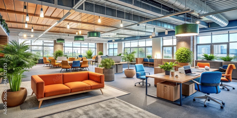 Modern Office Interior Design with Exposed Ceiling Beams and Greenery ...