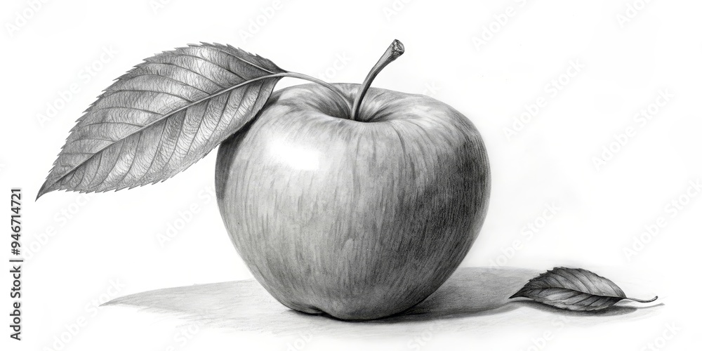 Pencil Drawing of a Red Apple with a Leaf, Pencil Drawing, Still Life ...