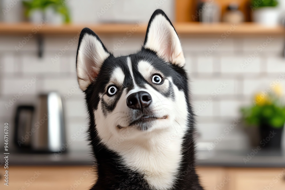 Funny Siberian Husky with a raised eyebrow, captured in a close-up ...