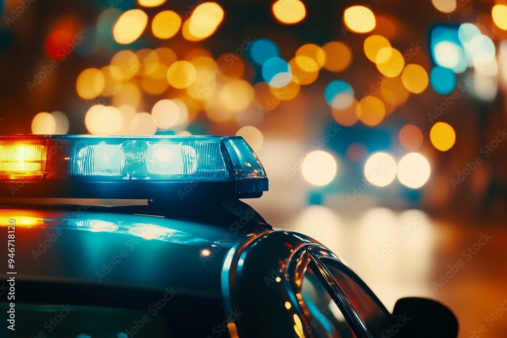 Flashing police lights on a police car at night on a blurred city ...