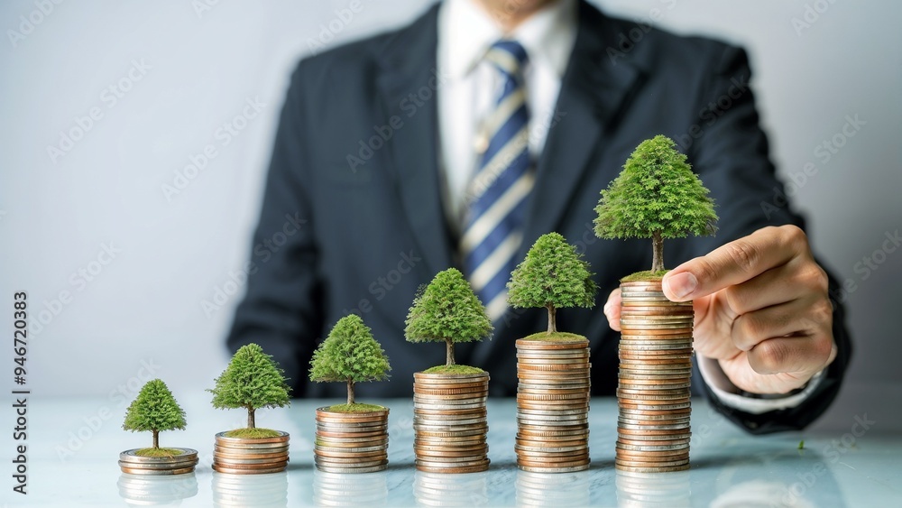 business illustration showing six ascending stacks of coins, each stack ...