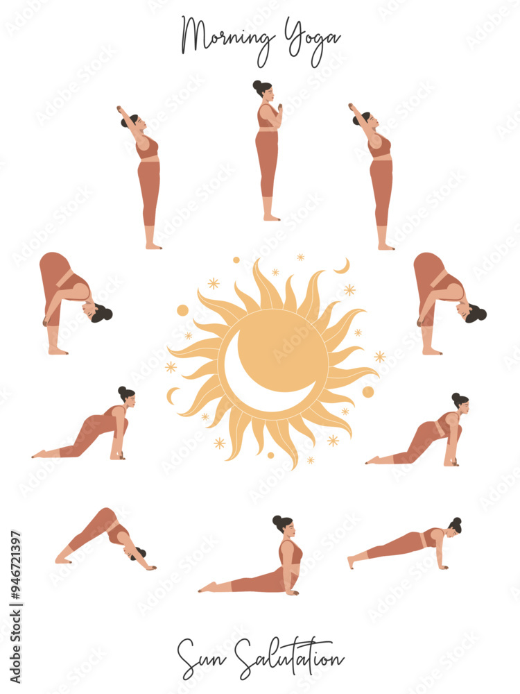 White Body Positive Woman’s Sun Salutation Poster Stock Vector | Adobe ...