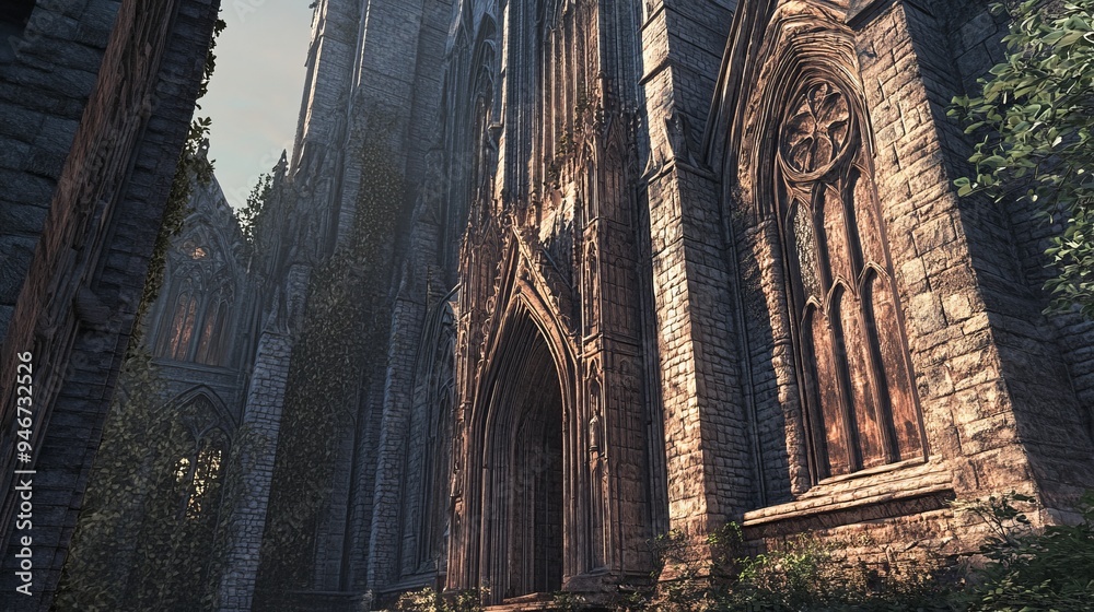 Grand gothic cathedral with detailed stone carvings and flying ...