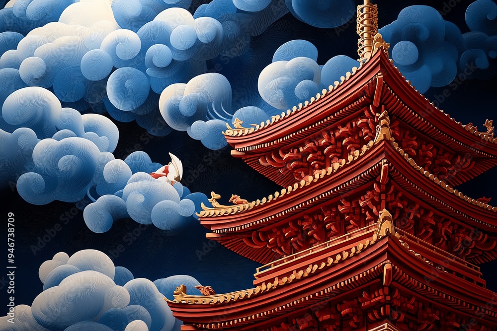 Japanese vermillion roof of a pagoda, depicted in an artwork where the ...