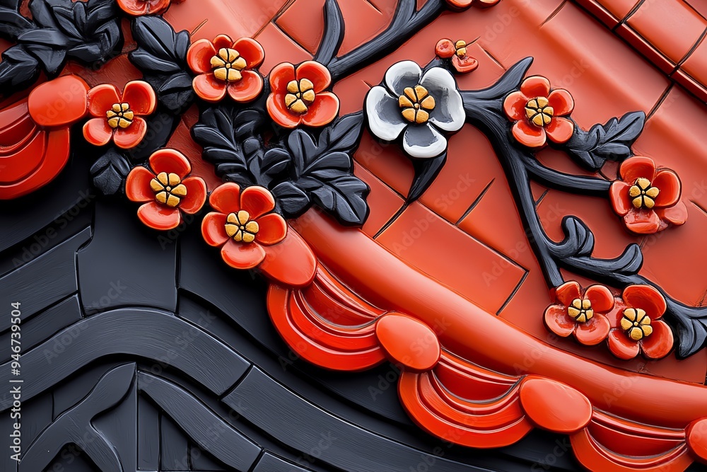 Japanese vermillion roof tiles, depicted in an artwork that highlights ...