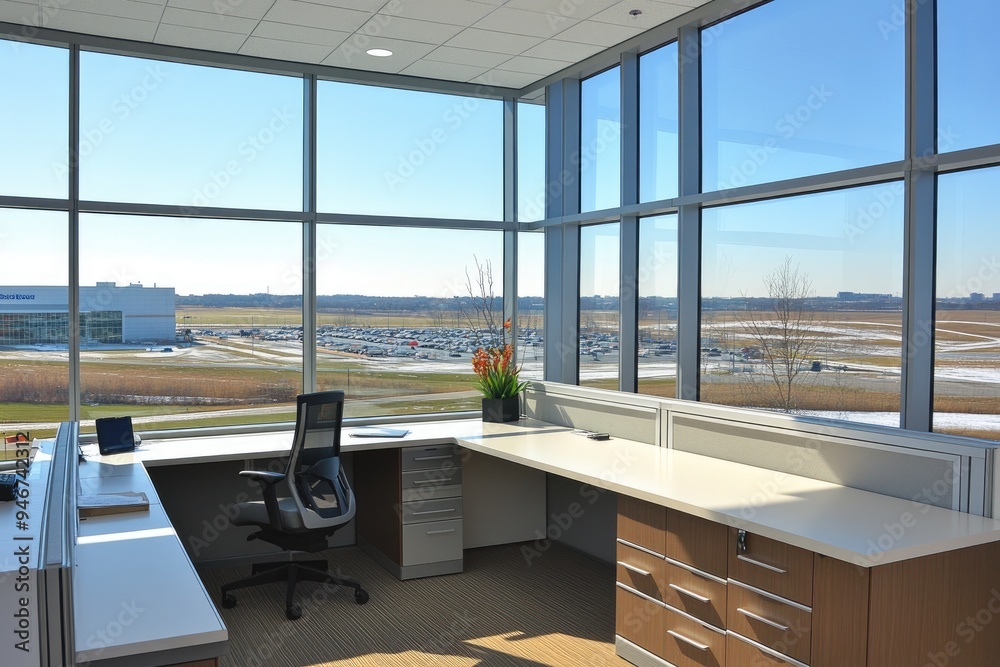 Office Desk with Window View of a Parking Lot and Building Stock Photo ...