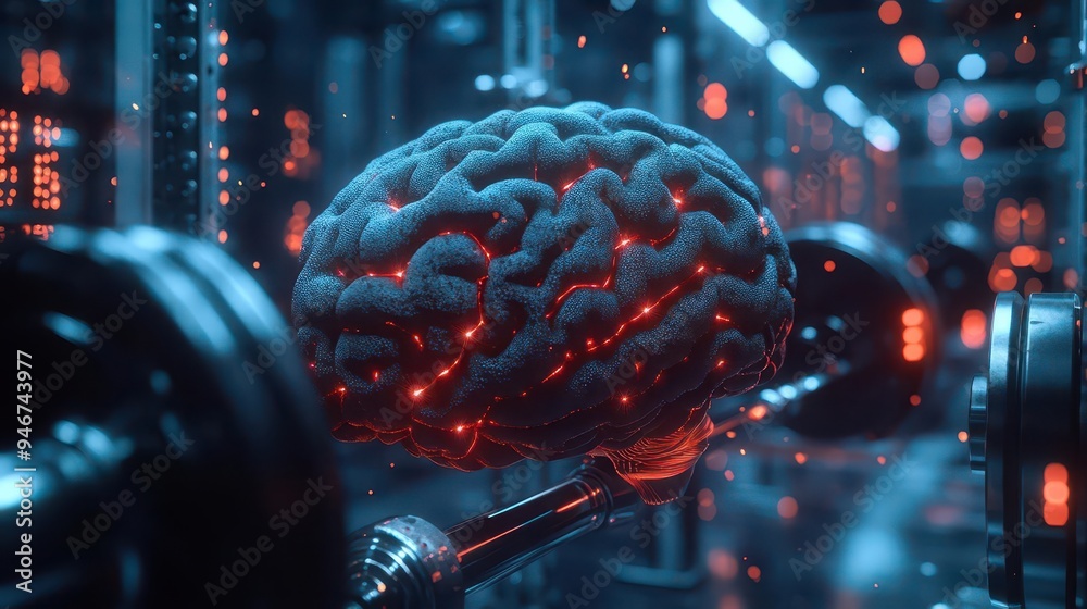 surreal image of brain lifting weights muscles bulging inside ...