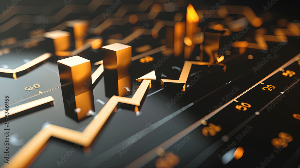 golden financial bar chart. 3d golden bar chart pointing upward ...