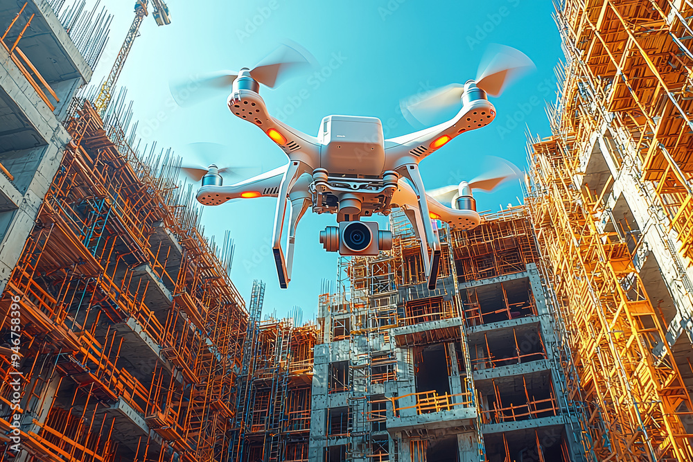 A drone equipped with a camera flying over a construction site ...