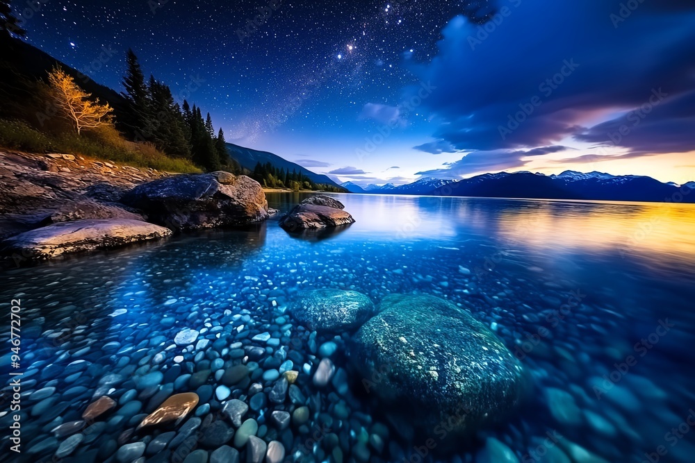 Lake at night with stars reflected in the water, creating a ...