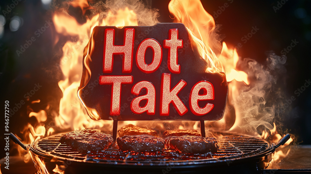 Hot Take words written over flames and a firey grill, trending social ...